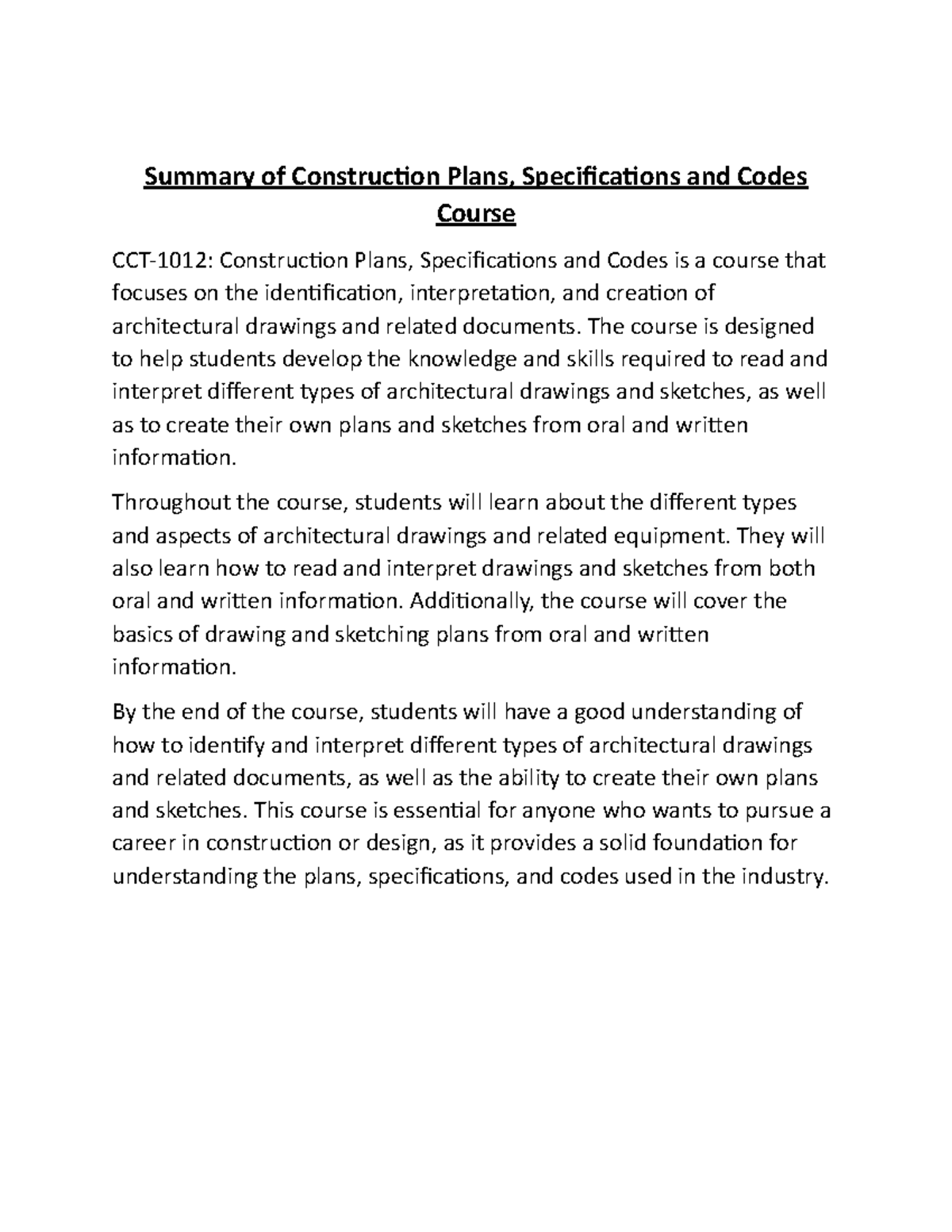 Construction Plans, Specifications and Codes - The course is designed ...