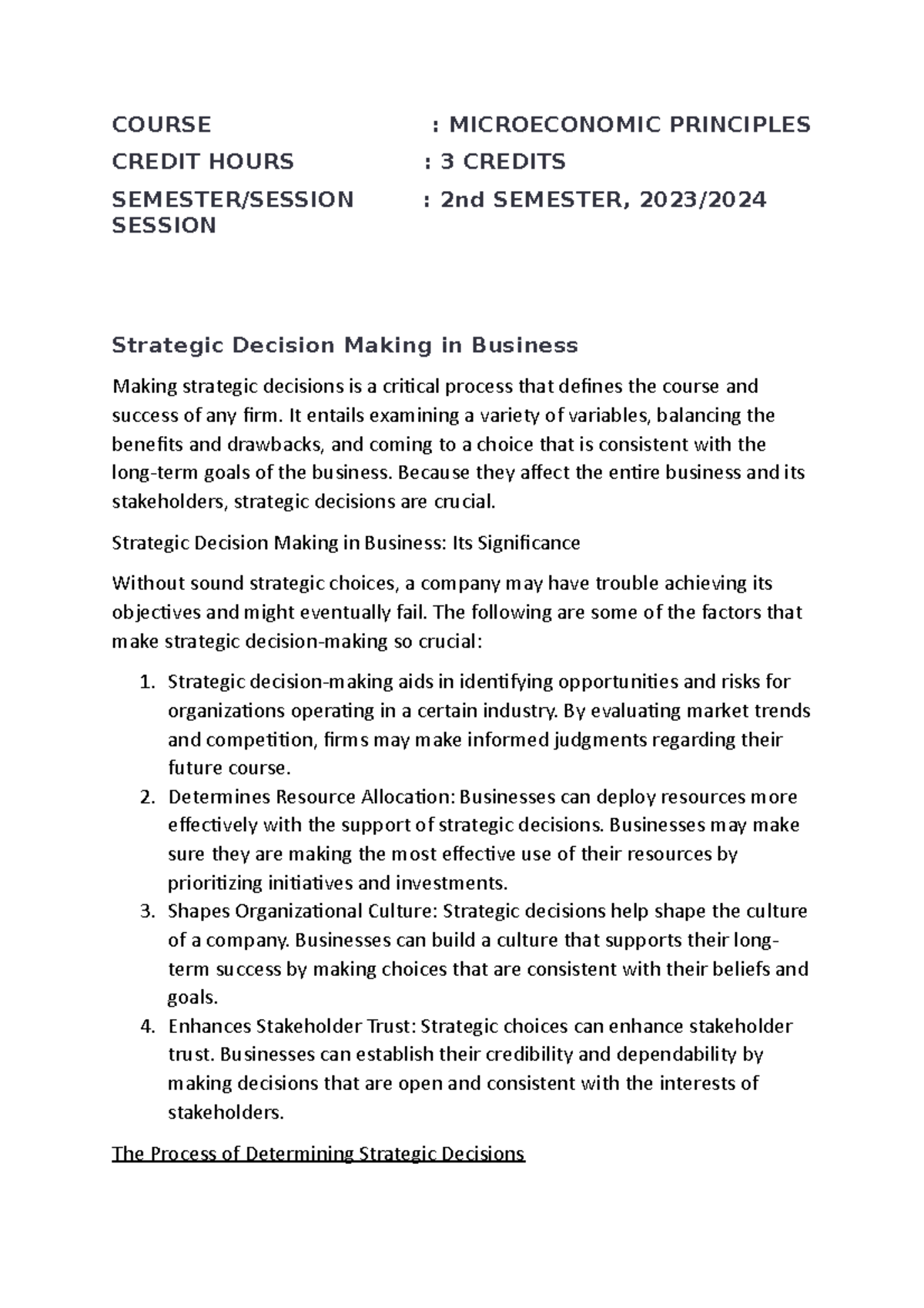 Strategic Decision Making in Business - COURSE : MICROECONOMIC ...