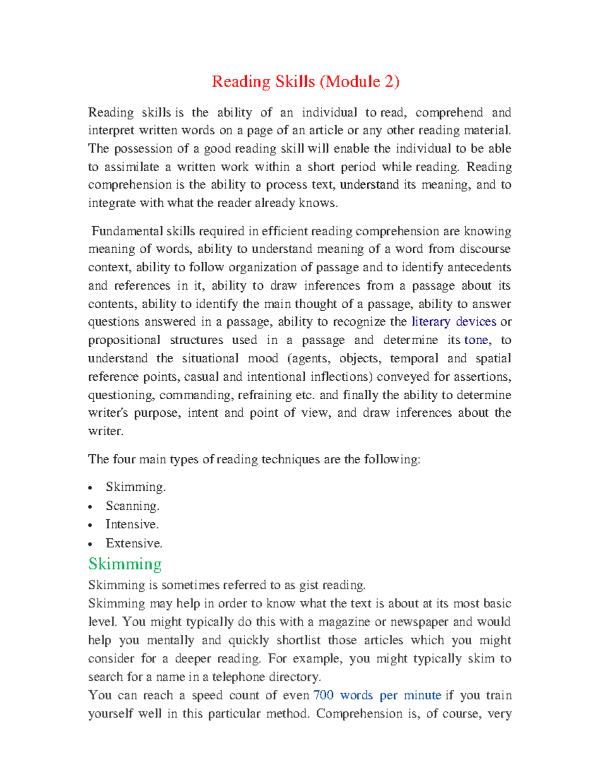 Module 2 Notes - Reading Skills (Module 2) Reading skills is the ...