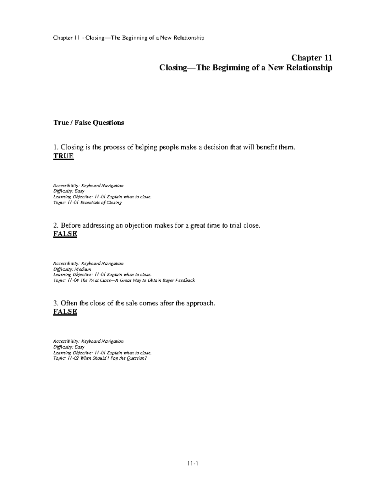 Chap011 - Selling practice questions - Chapter 11 Closing—The Beginning of a New Relationship ...