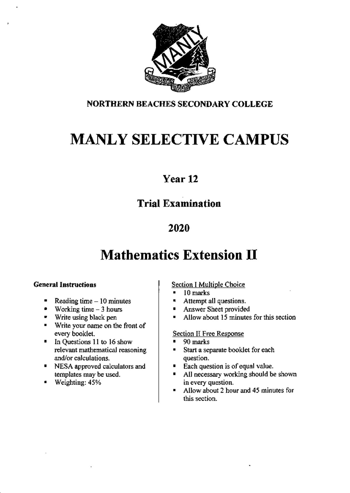 Manly Ext2 Trial 2020 - Extension 2 Mathematics Paper - Studocu
