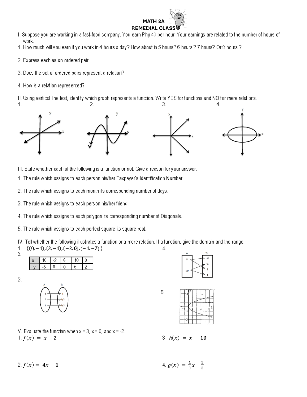 Function-and-Relation - MATH 8A REMEDIAL CLASS I. Suppose you are ...