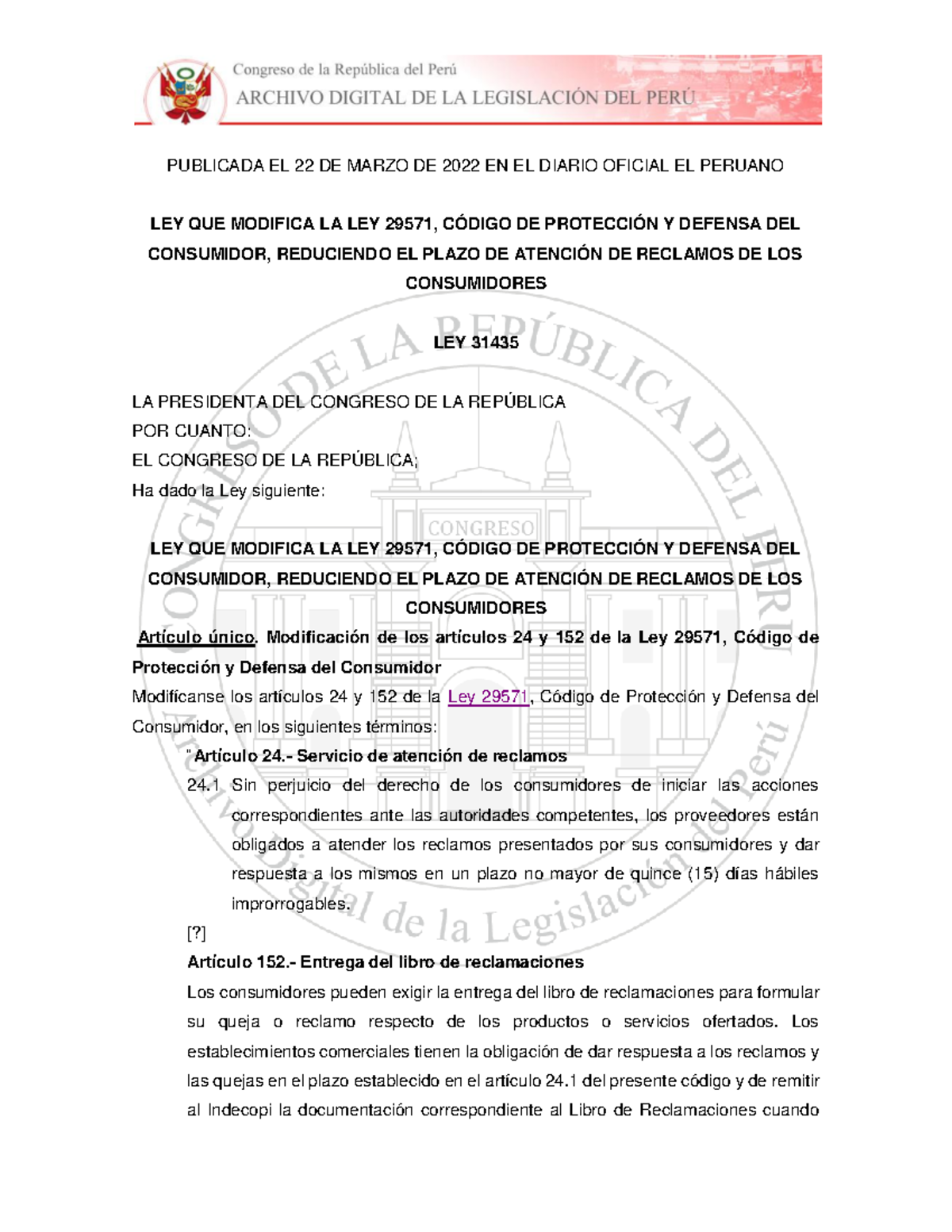 Ley numero 29571 - Es un resumen - PUBLICADA EL 22 DE MARZO DE 2022 EN EL DIARIO OFICIAL EL ...