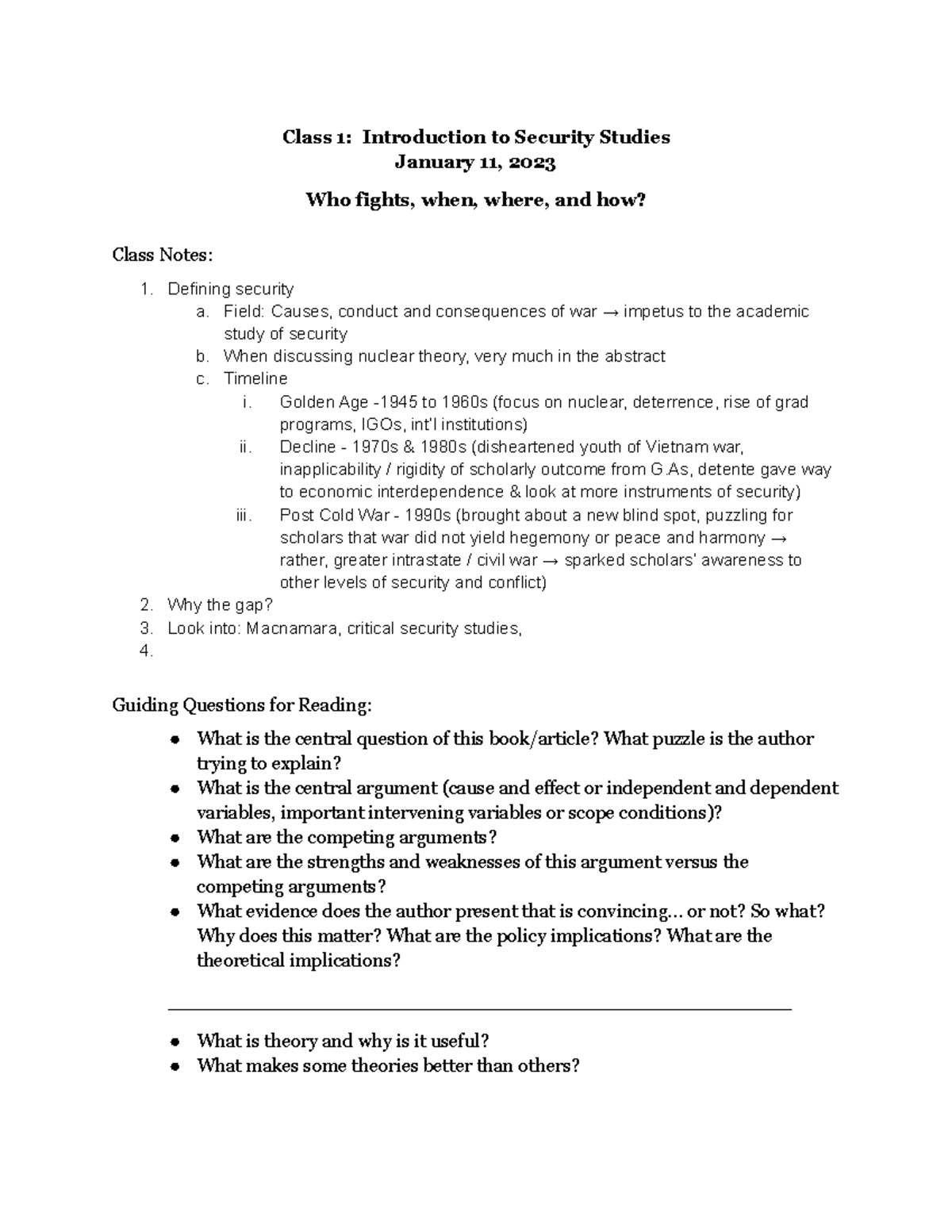 Class 1 Introduction to Security Studies - Class 1: Introduction to ...