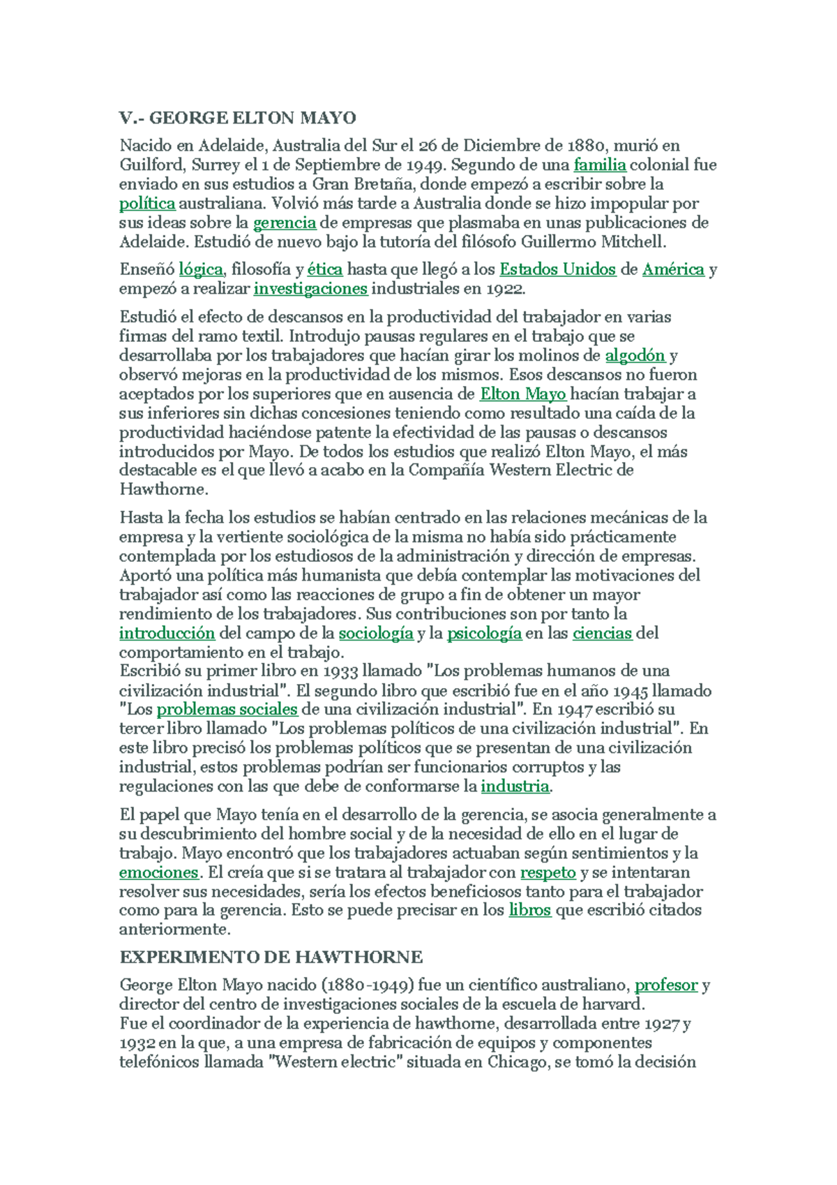 Elton MAYO - V.- GEORGE ELTON MAYO Nacido en Adelaide, Australia del ...