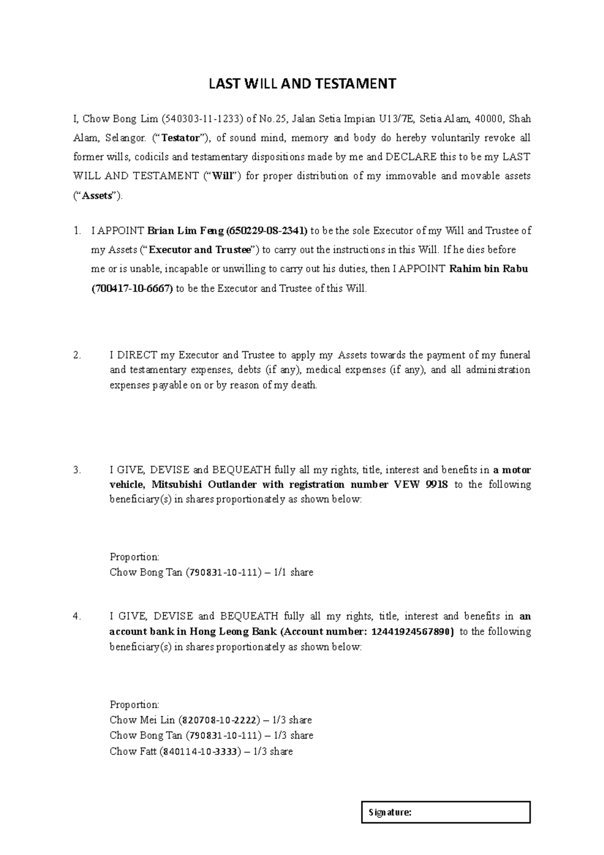 Last Will and Testament Sample - LAST WILL AND TESTAMENT I, Chow Bong ...