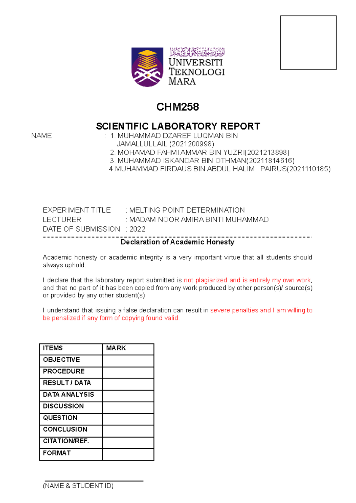 LR CHM258 E2 - CHM SCIENTIFIC LABORATORY REPORT NAME : 1. MUHAMMAD ...