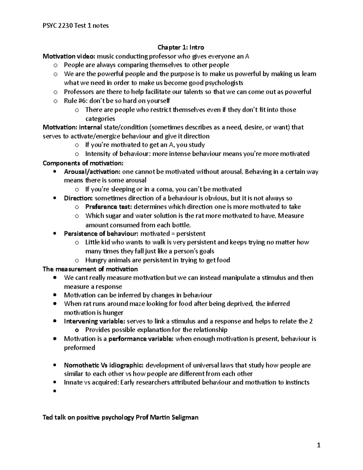 Motivation Test 1 notes - PSYC 2230 Test 1 notes Chapter 1: Intro ...