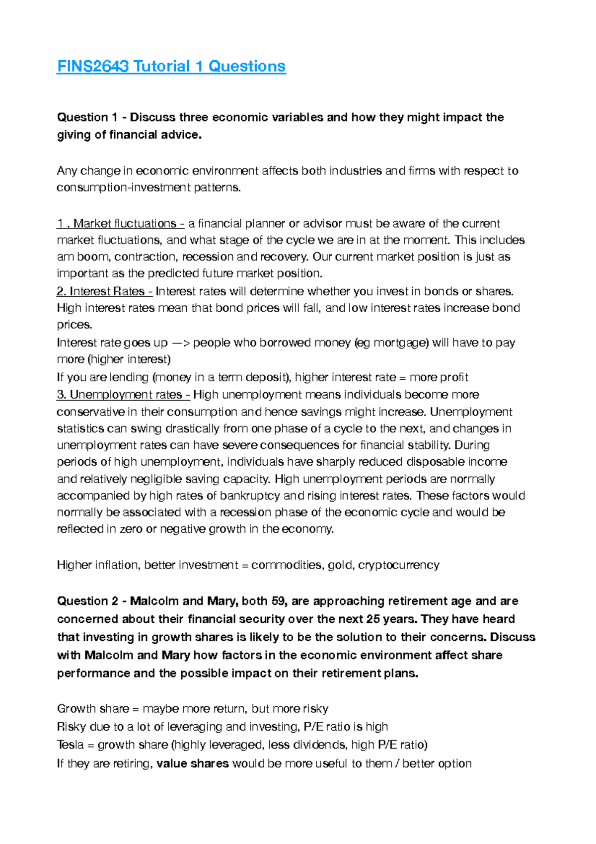 FINS2643 - Wealth Management, Tutorial 1 Questions and Answers ...
