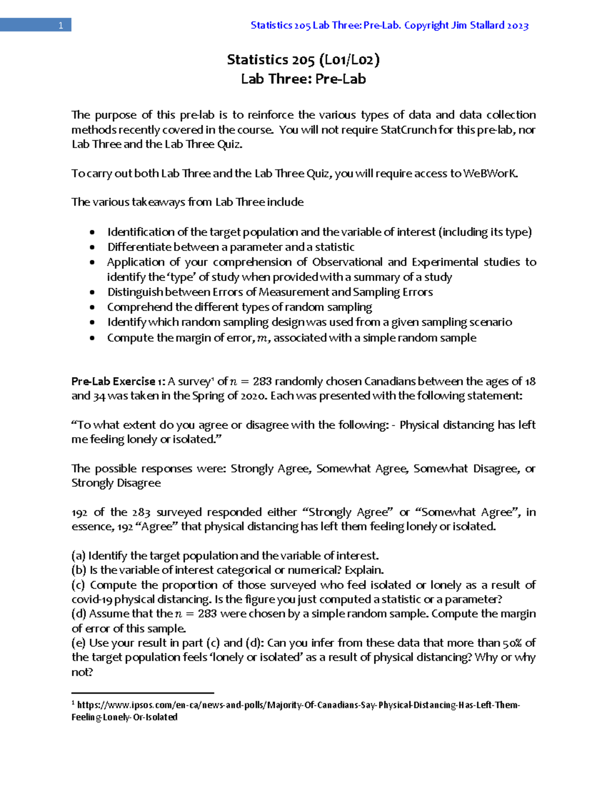 Stat205Pre Lab Three - Prelab 3 to help with lab3 - Statistics 205 (L01 ...