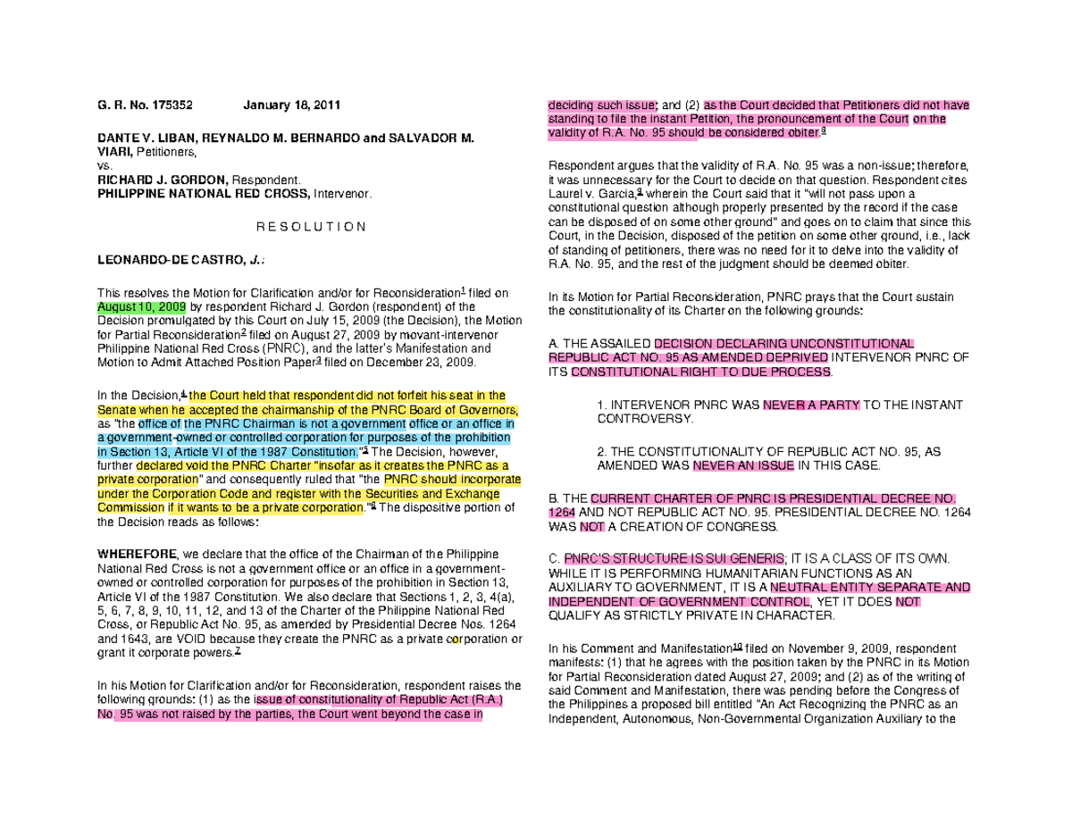 7-10 cases highlighted - G. R. No. 175352 January 18, 2011 DANTE V ...