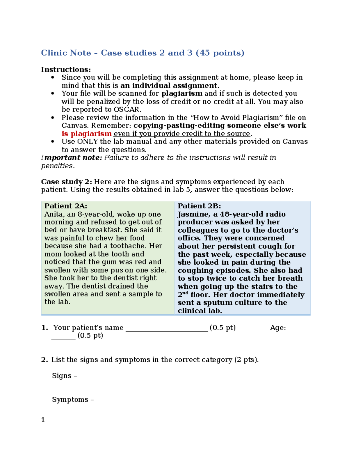 Clinic notes 2 + 3 - assignemnt - Clinic Note – Case studies 2 and 3 ...