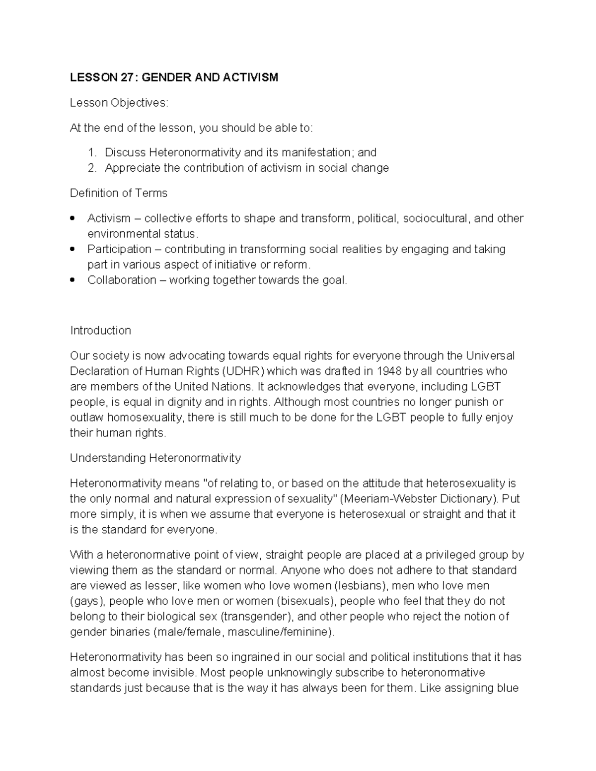 Gender and Activism - LESSON 27: GENDER AND ACTIVISM Lesson Objectives ...