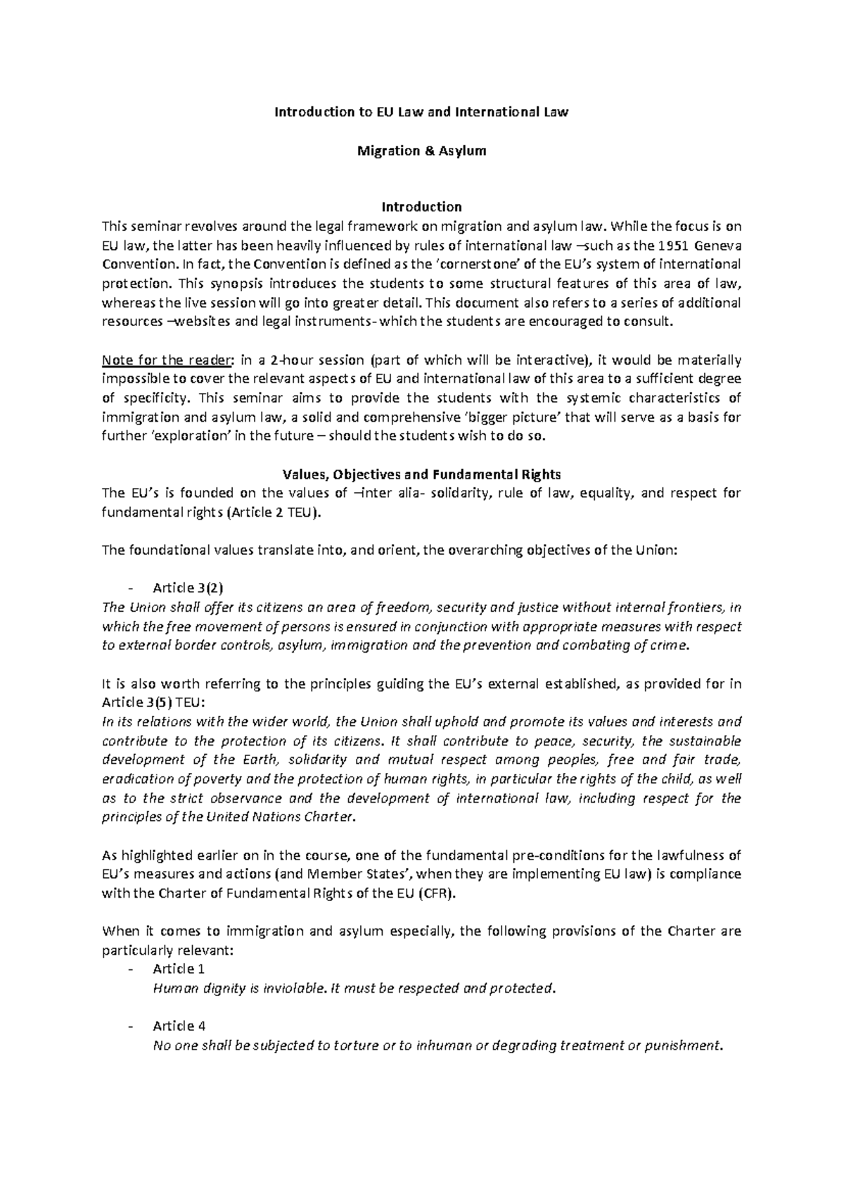 2a Seminar Migration Reading Materials - Introduction to EU Law and International Law Migration ...