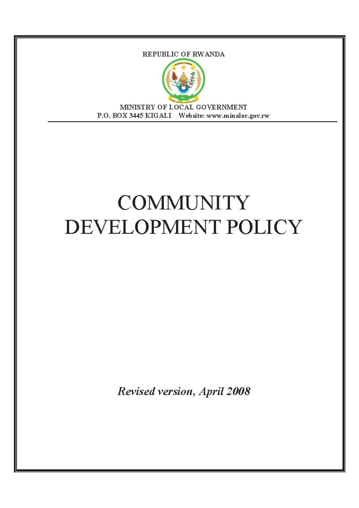 RWA-98538 - notes - REPUBLIC OF RWANDA MINISTRY OF LOCAL GOVERNMENT P ...