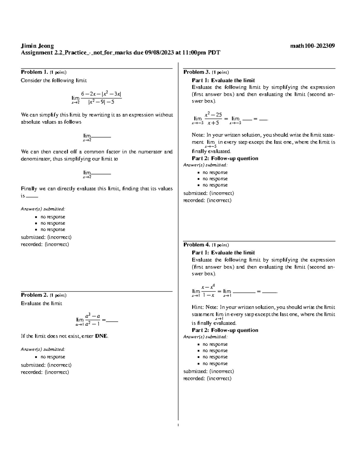 Mathprac - practice - Jimin Jeong math100- Assignment 2 Practice - not for marks due 09/08/2023 ...