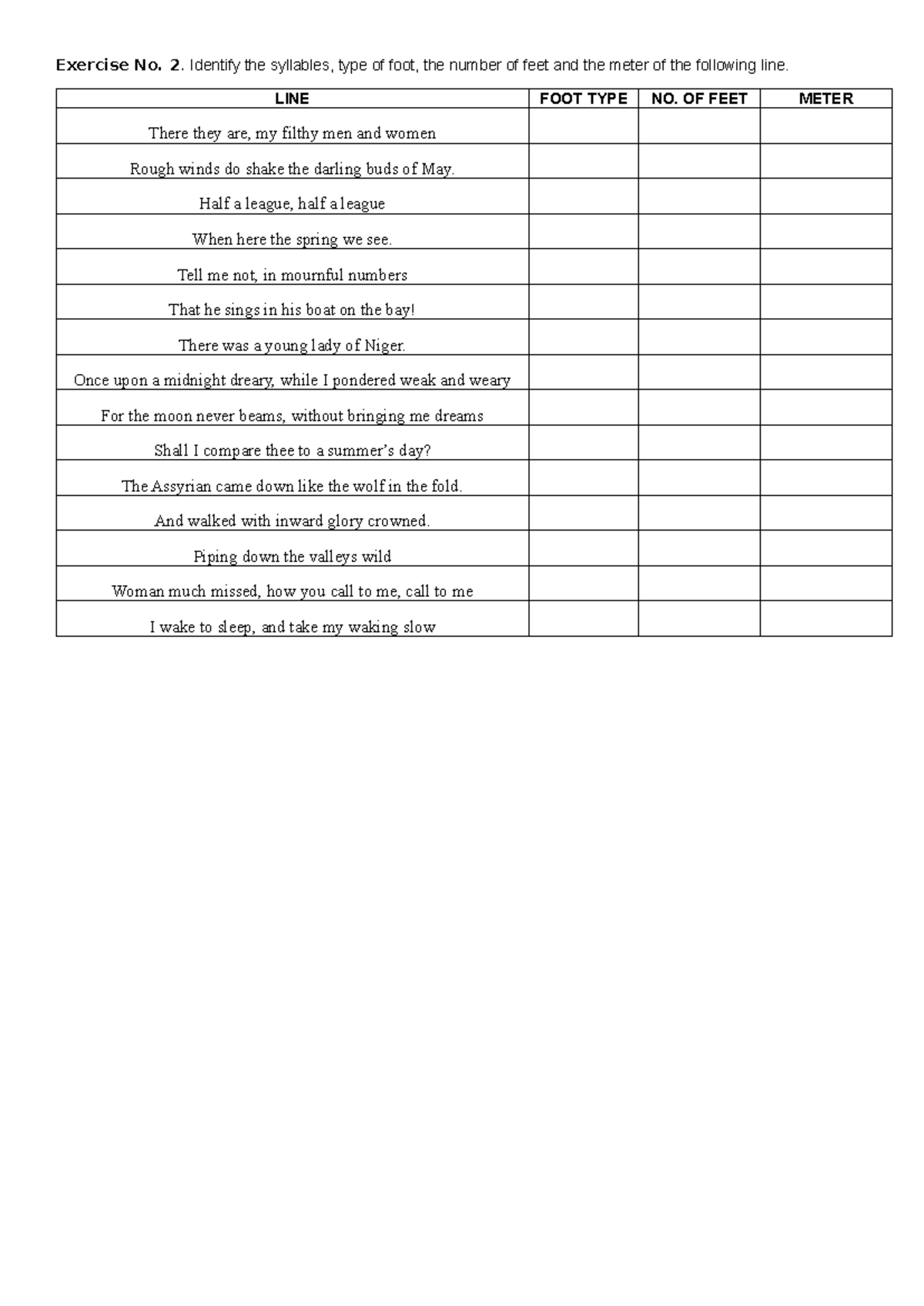 Poetry 2 - sdvfg - Exercise No. 2. Identify the syllables, type of foot ...