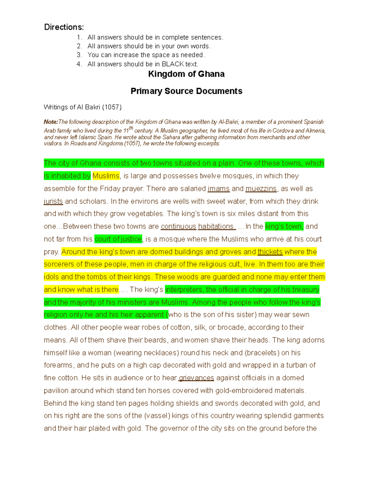 Later African Primary sources student - 1. All answers should be in ...