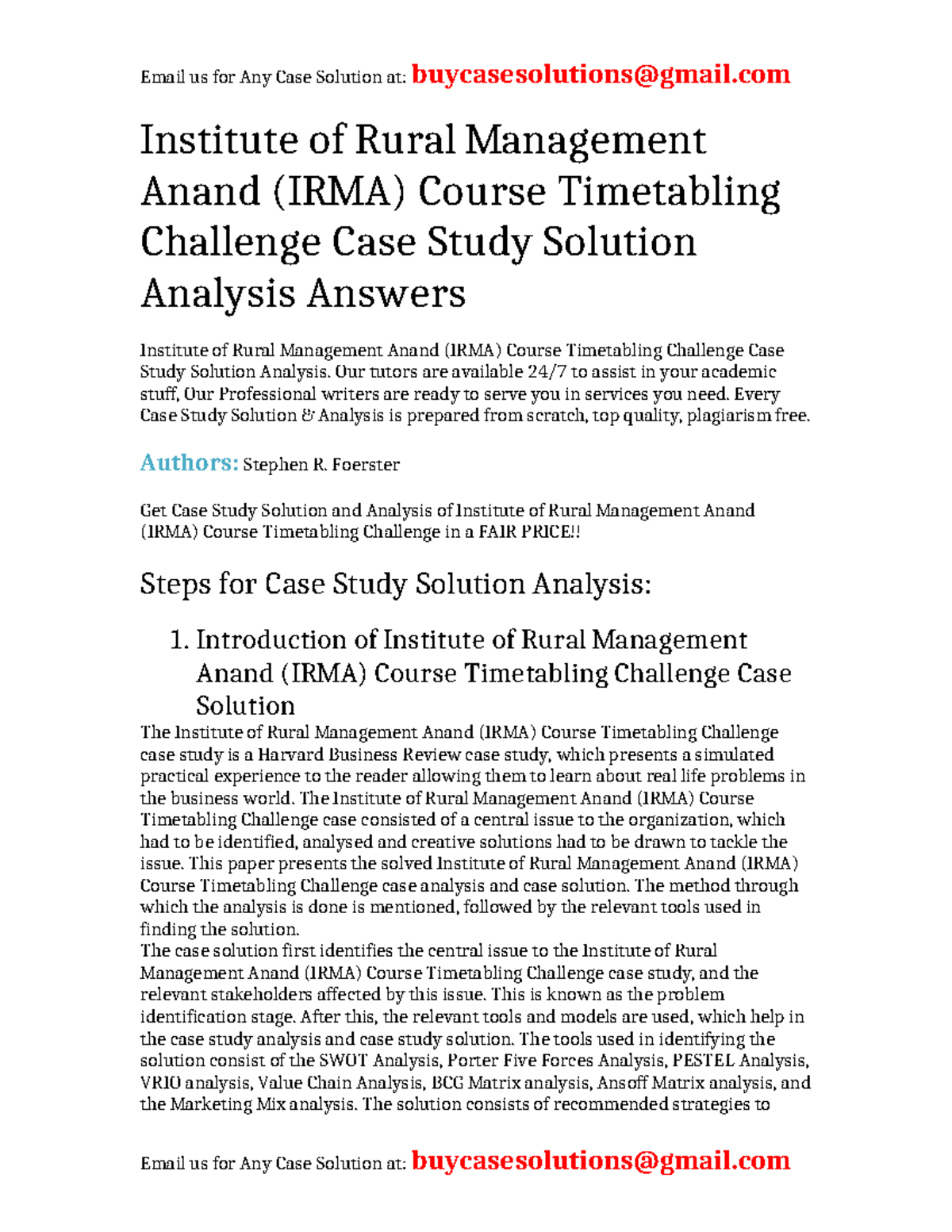 Case Solution Institute of Rural Management Anand (IRMA) Course Timetabling Challenge ...