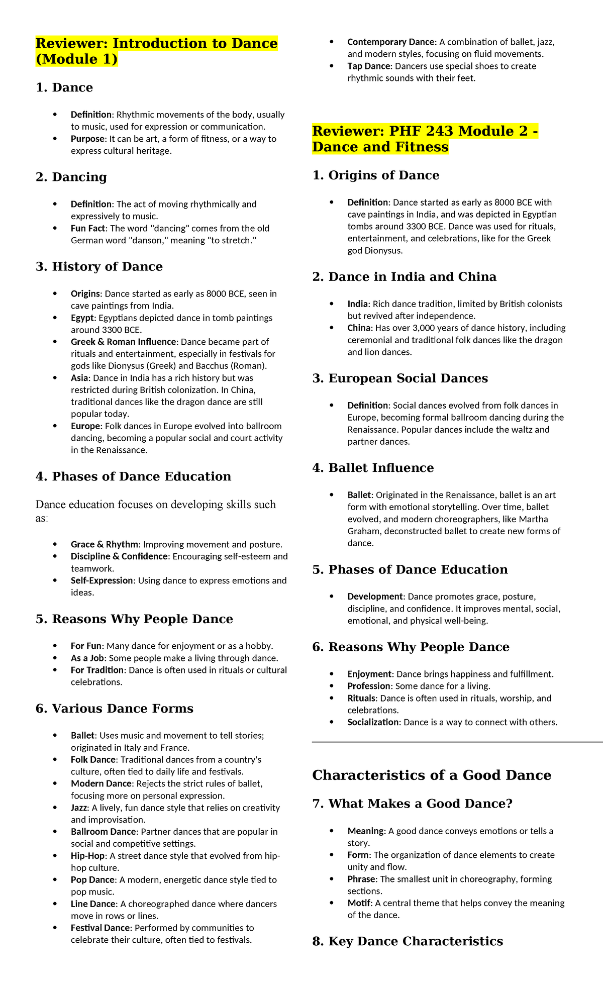 Reviewer Dance - Reviewer: Introduction to Dance (Module 1) 1. Dance ...