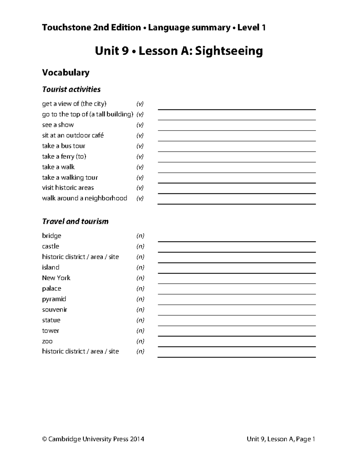 TS2e L1 U9 LA Langsum bnbmnnm - Touchstone 2nd Edition • Language summary • Level 1 Unit 9 ...