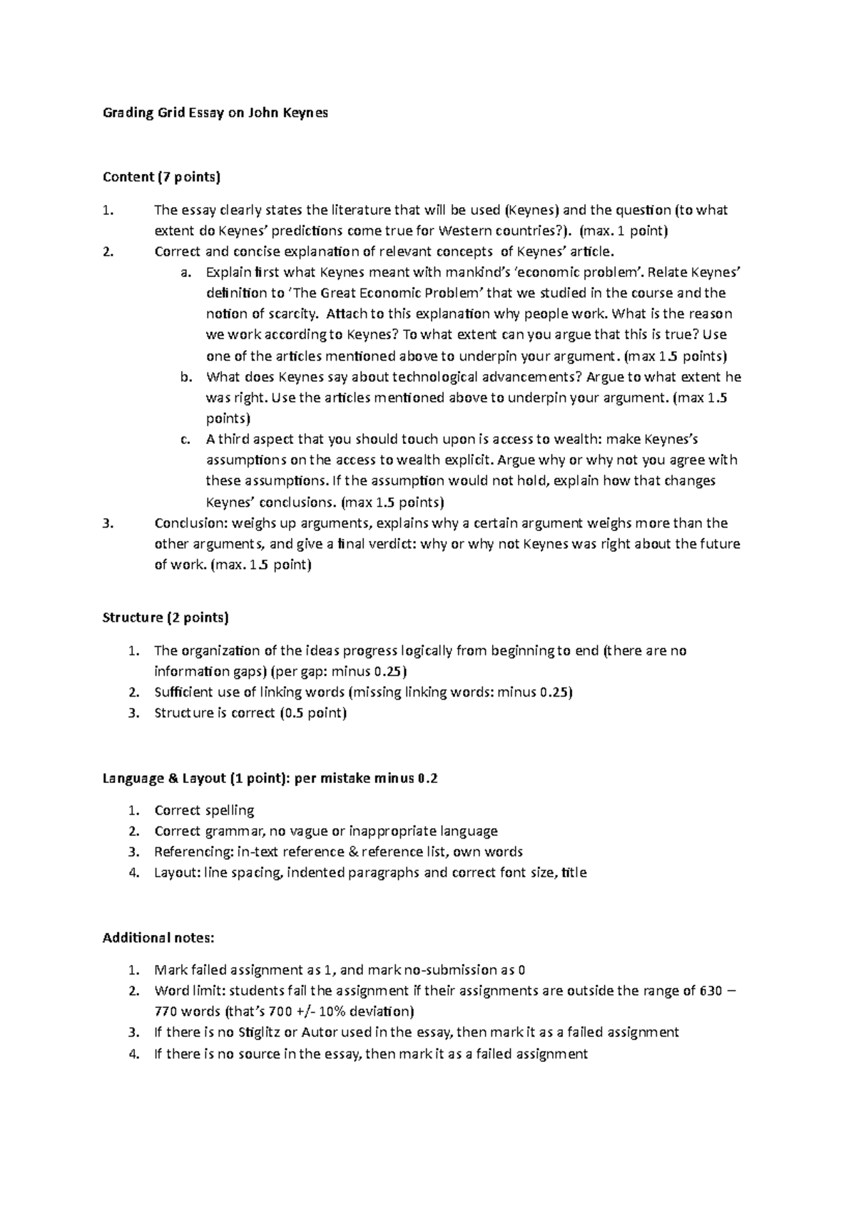 Grading Grid Essay Keynes 2022-1 - Grading Grid Essay on John Keynes ...