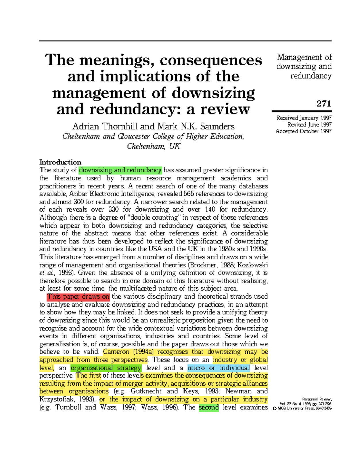 Downsizing - Seminar reading - Management of downsizing and redundancy 271 Personnel Review, Vol ...