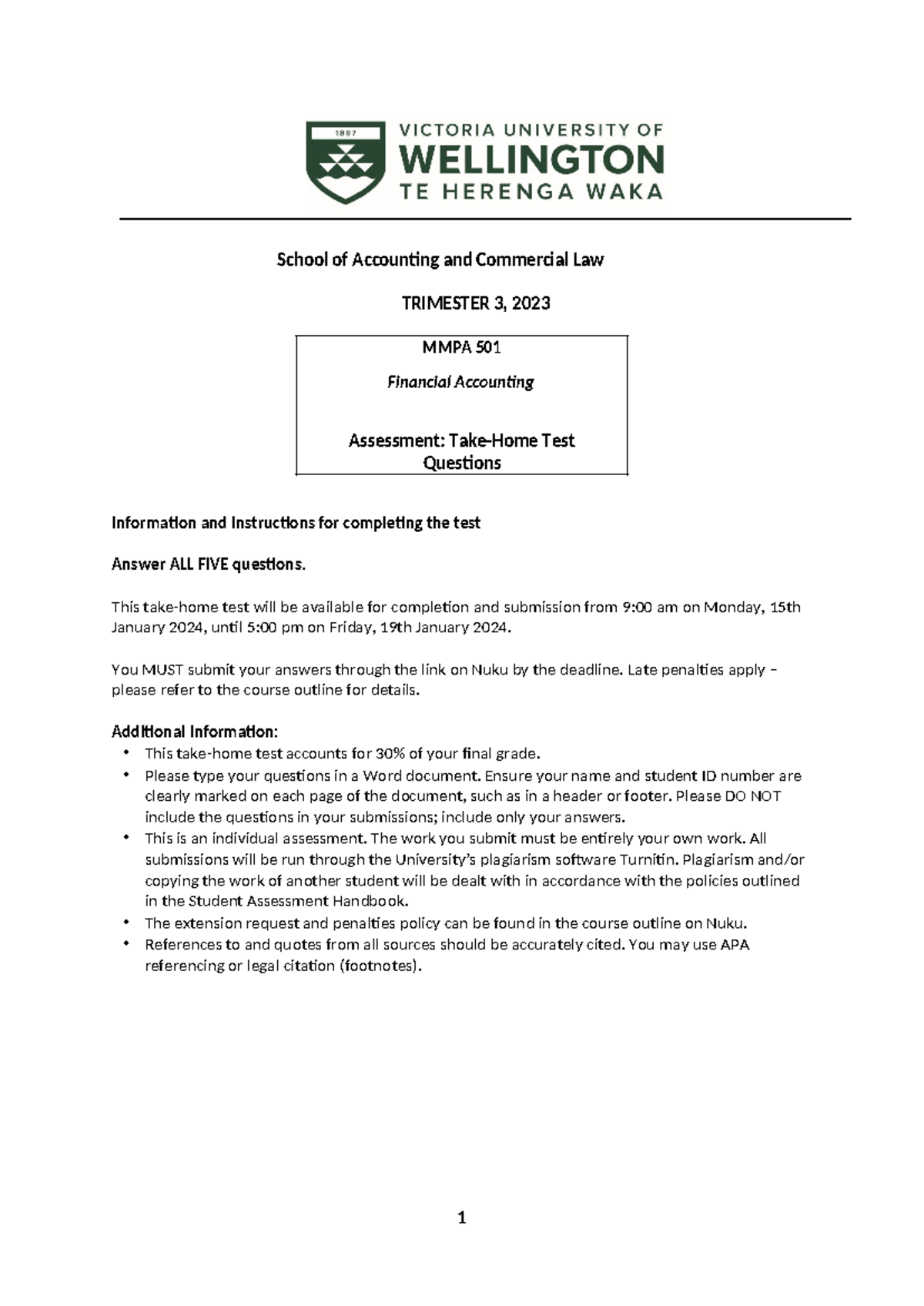 MMPA 501 Take-Home Test Questions-1 - School of Accounting and ...