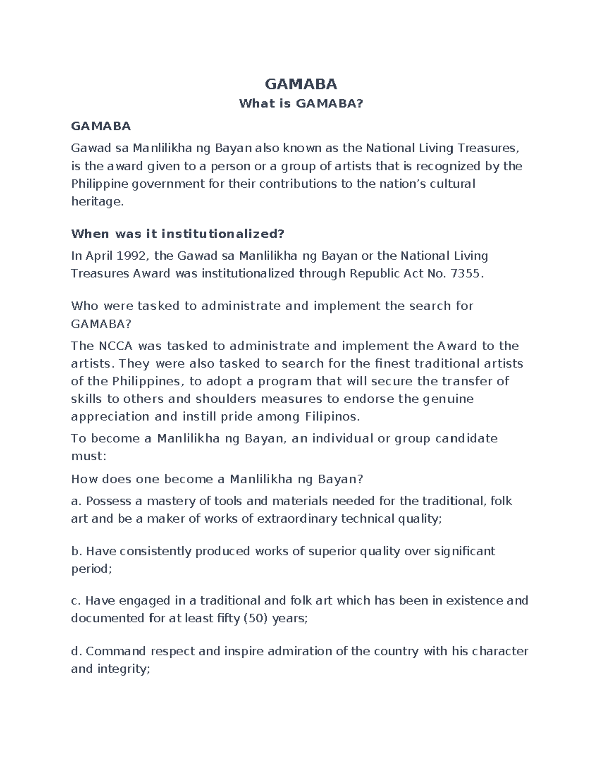 Gamaba- Qualifications - GAMABA What is GAMABA? GAMABA Gawad sa ...