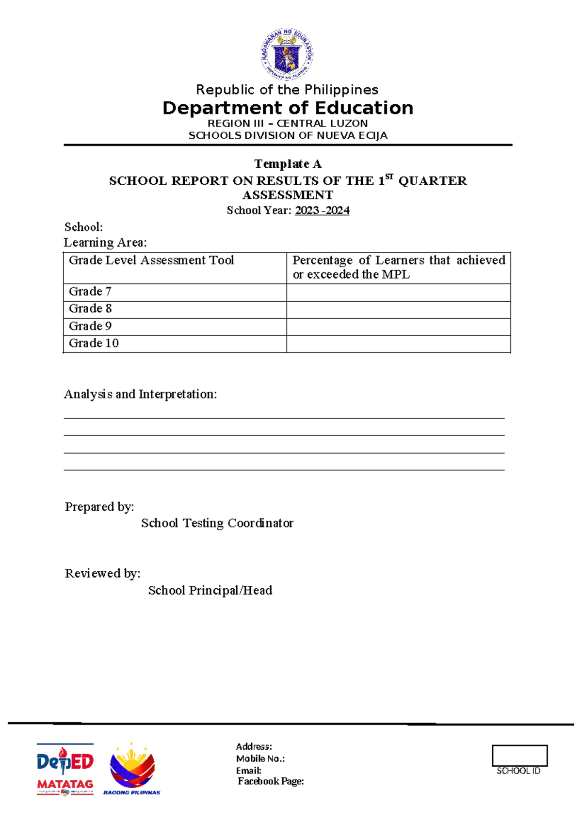1st Quarter Test Results Template RZBurayag - Address: Mobile No ...
