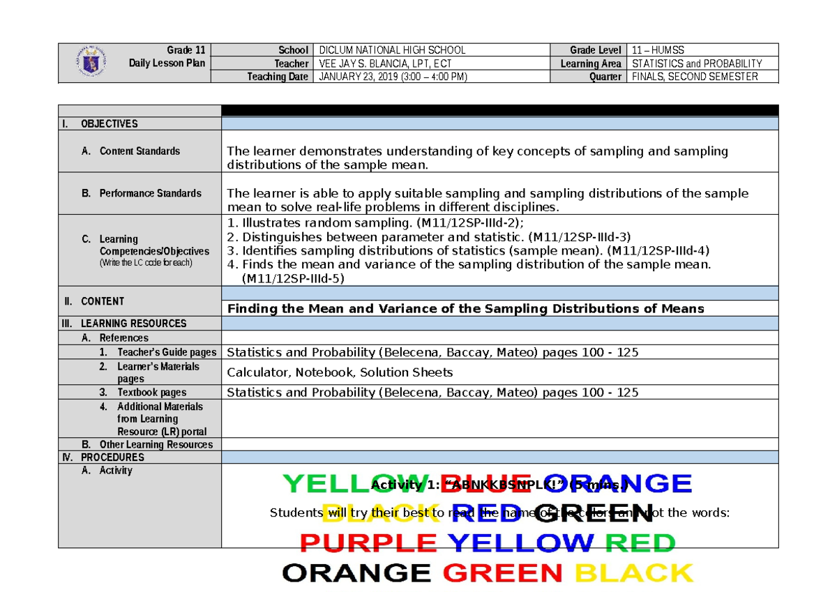 Statistics and probability observation dlp - Grade 11 Daily Lesson Plan ...