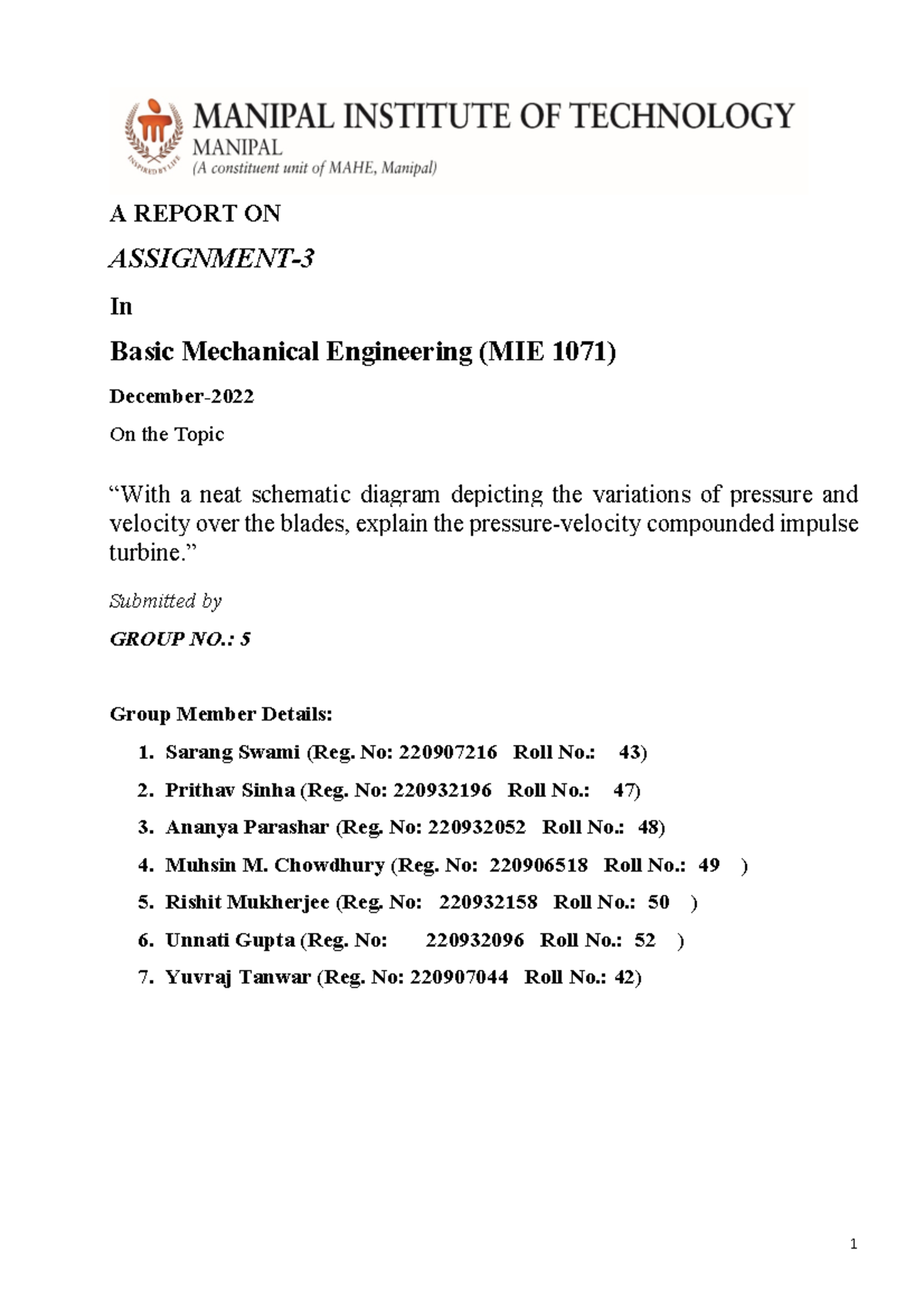 BME- Assignment-3 group 5-PH - A REPORT ON ASSIGNMENT- In Basic Mechanical Engineering (MIE 1071 ...