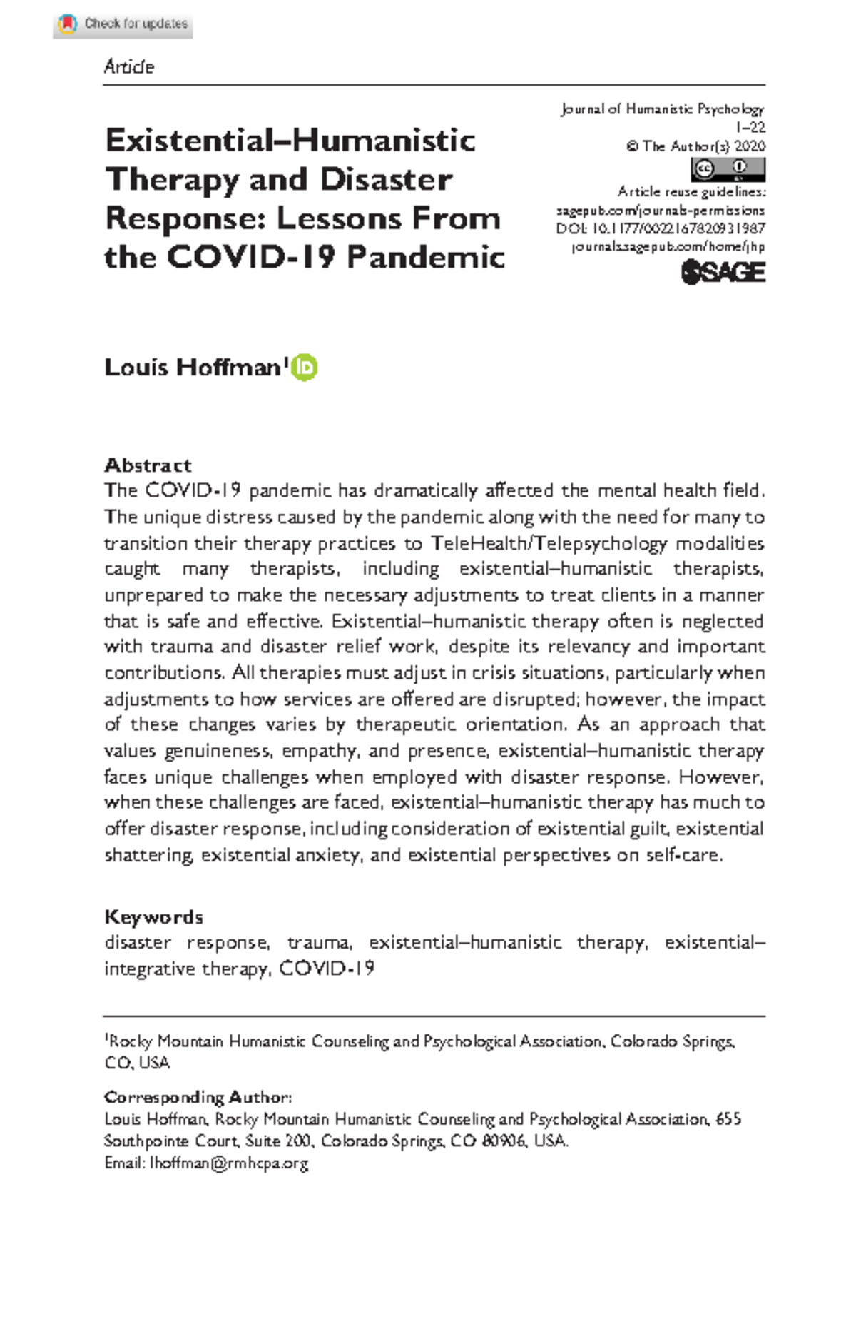 Existential-Humanistic_Therapy_ - doi/10.1177/ Journal of Humanistic ...