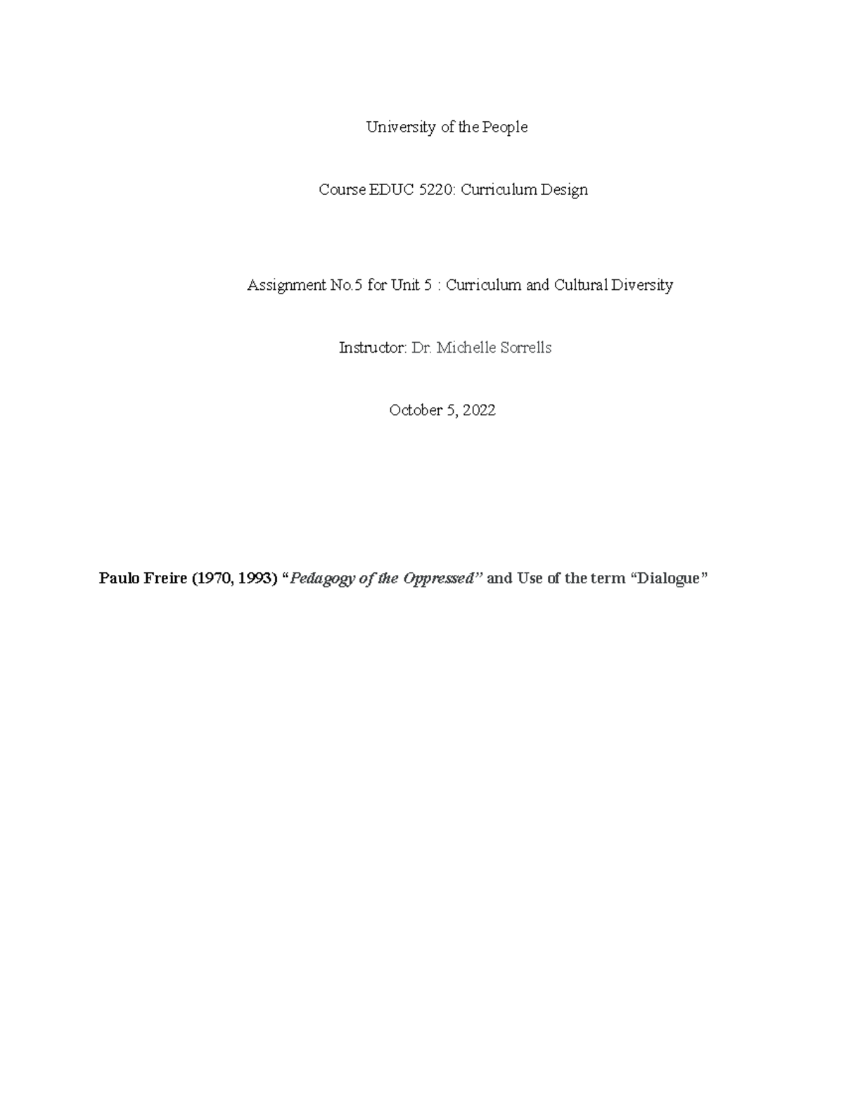 Assignment 5 for Unit 5 EDUC5220 - University of the People Course EDUC ...