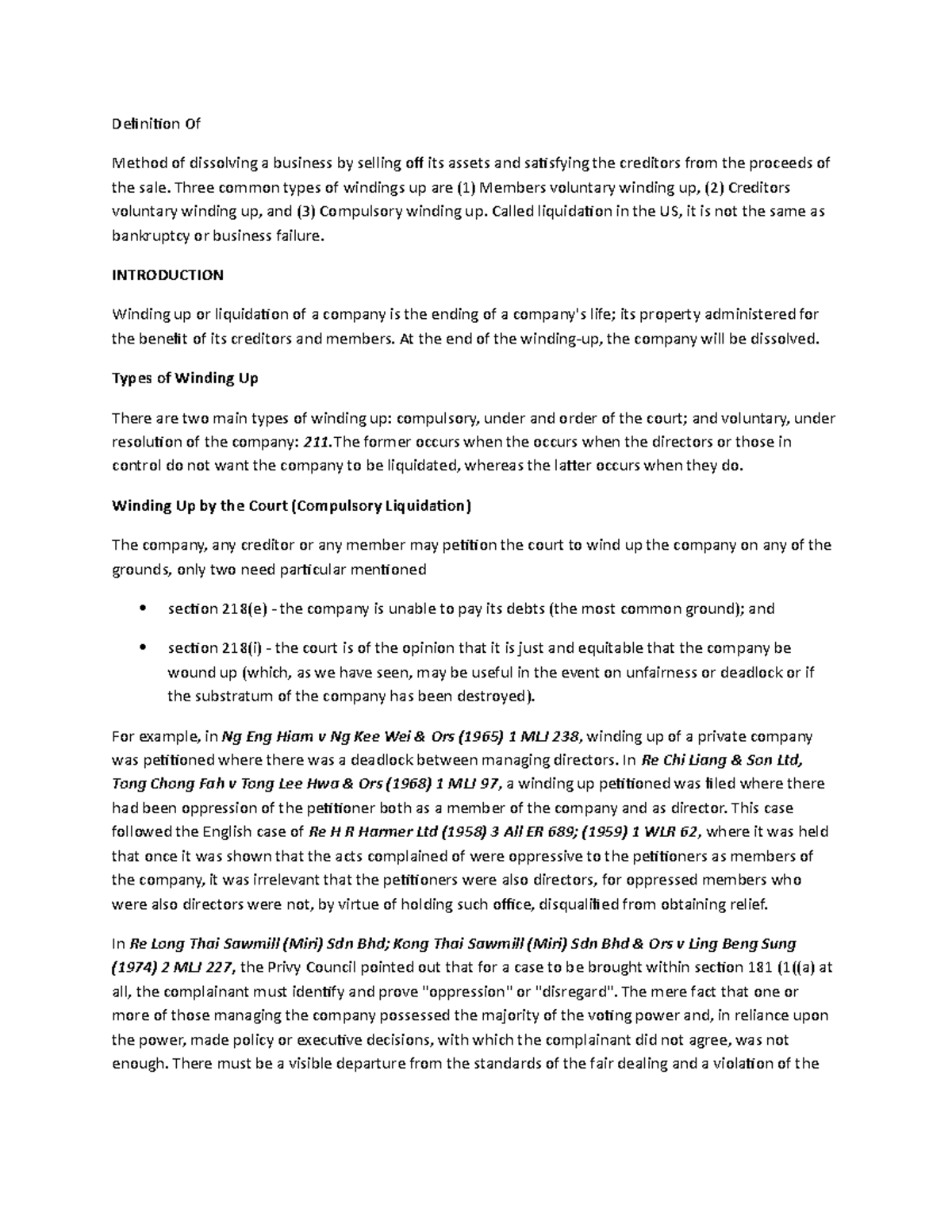 Company Law Definition Of Method Of Dissolving A Business By Selling