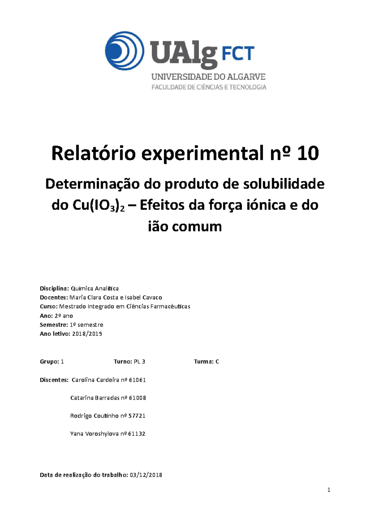 Relatório 10: Determinação do produto de solubilidade do Cu(IO3)2 ...