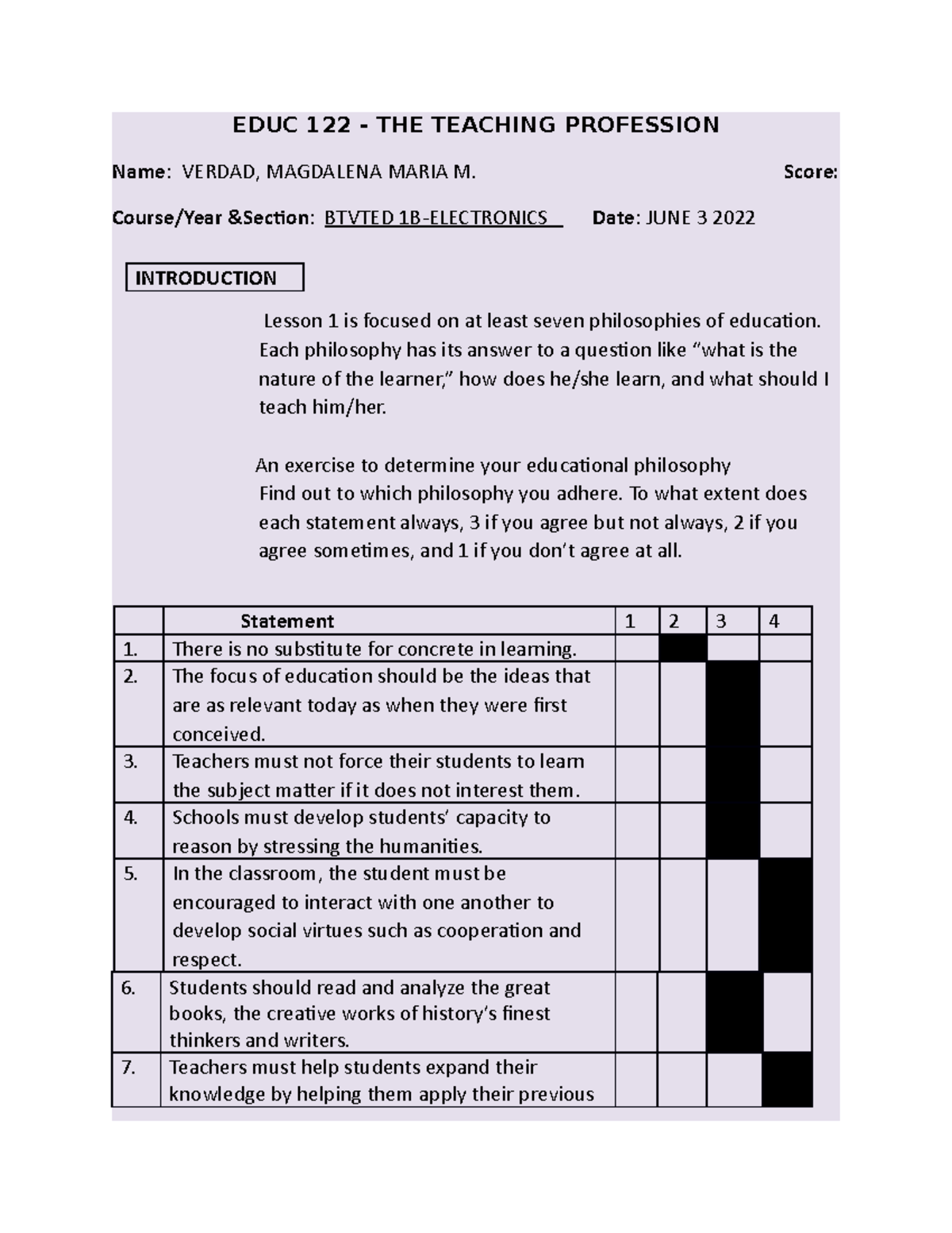 EDUC-122-answer - Good - EDUC 122 - THE TEACHING PROFESSION Name ...