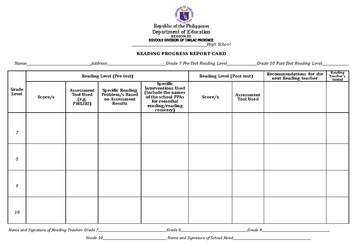 Reading Progress Report CARD Department Of Education REGION III 