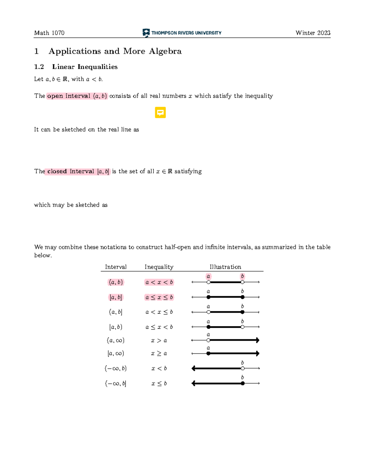 1.2 - Linear Inequalities - Math 1070 Winter 2023 1 Applications and ...