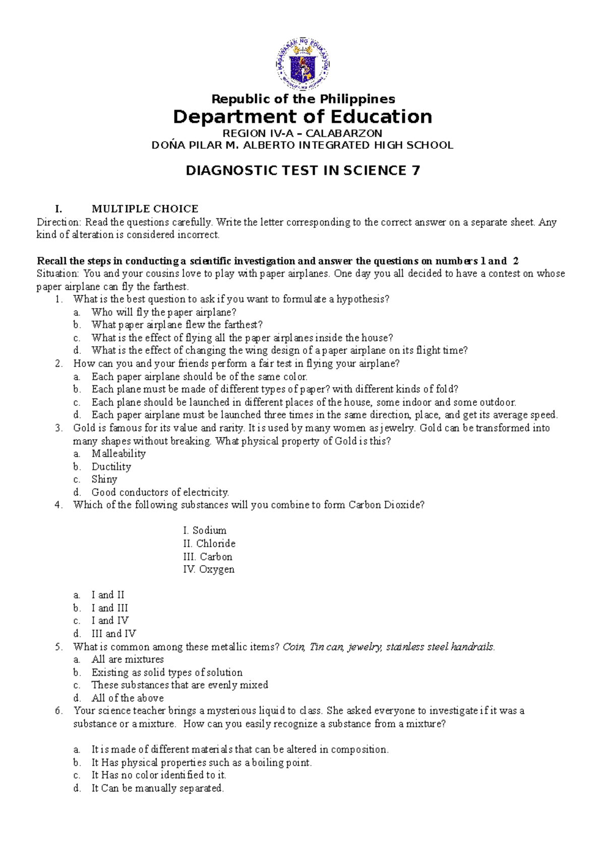 Grade 7-Science- Dtest - Republic of the Philippines Department of ...