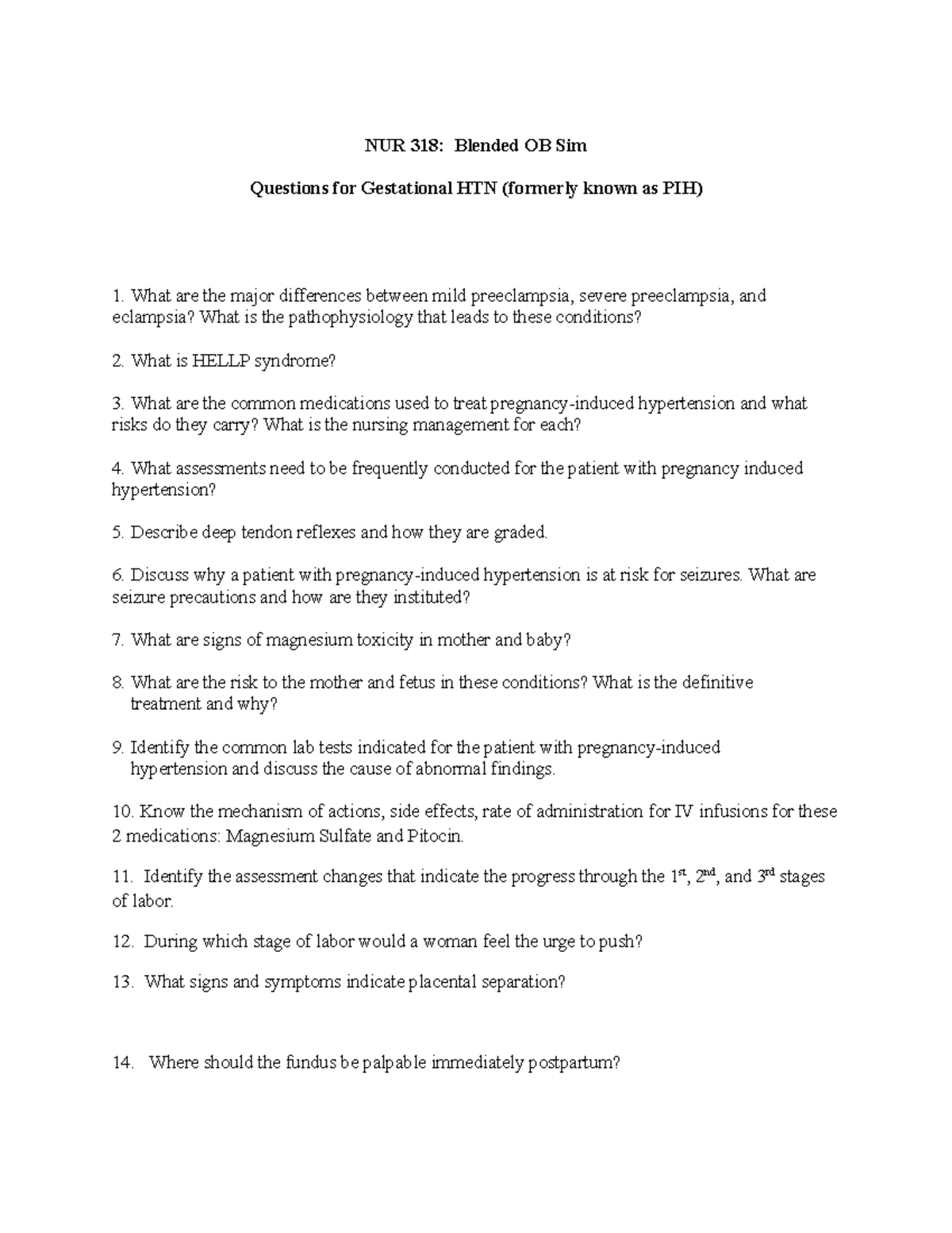 OB Simulation Homework PIH - NUR 318: Blended OB Sim Questions for ...