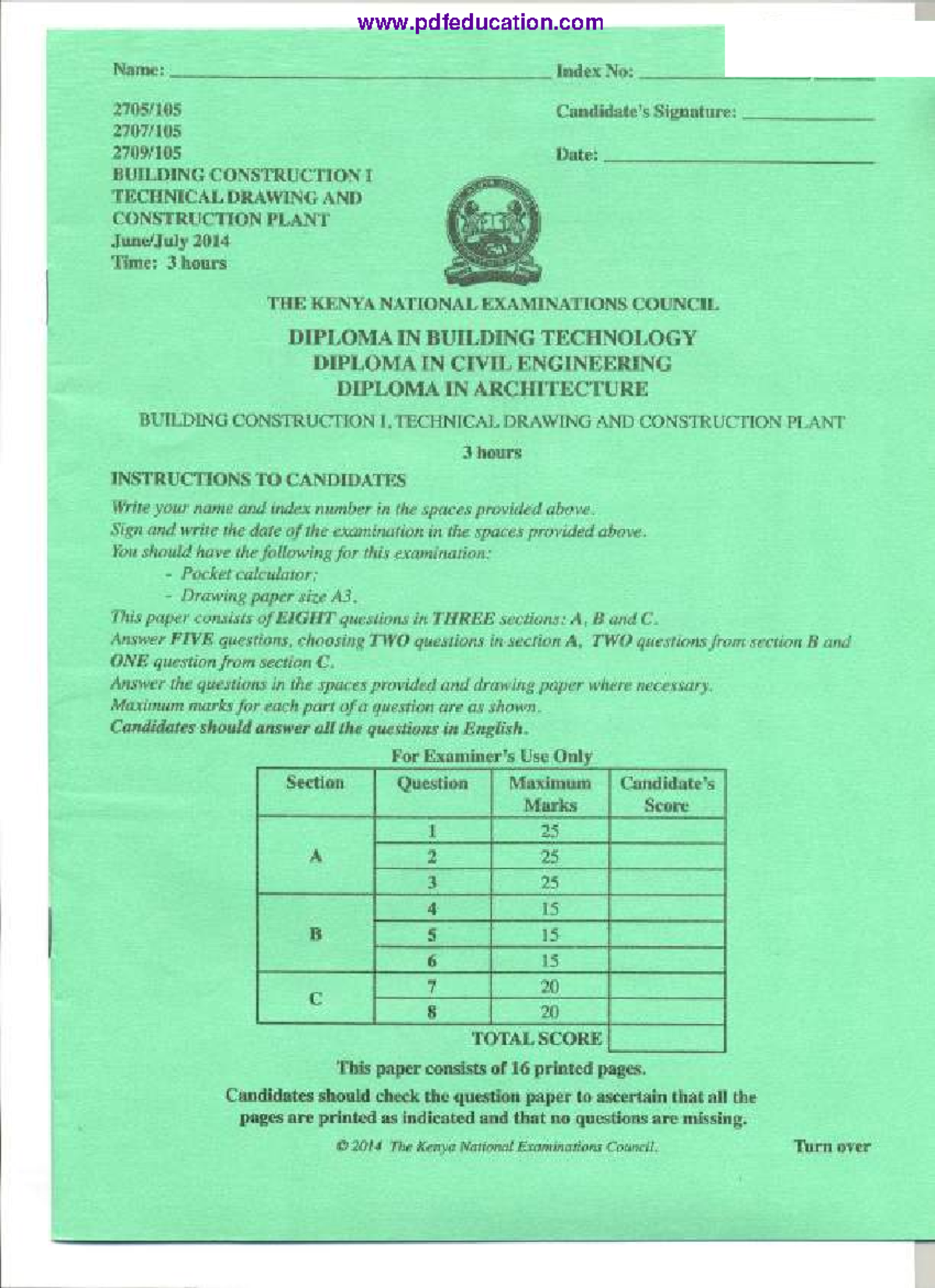 Building Construction I Past KNEC Exam Papers July 2014 - Diploma in ...