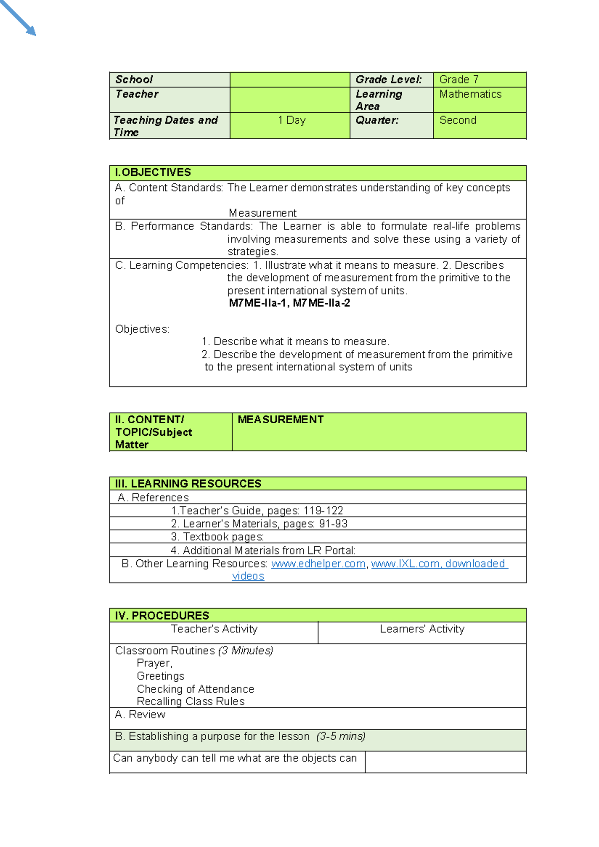 Q2 MATH 7 DLP - MATH 7 Q2 COT - School Grade Level: Grade 7 Teacher ...