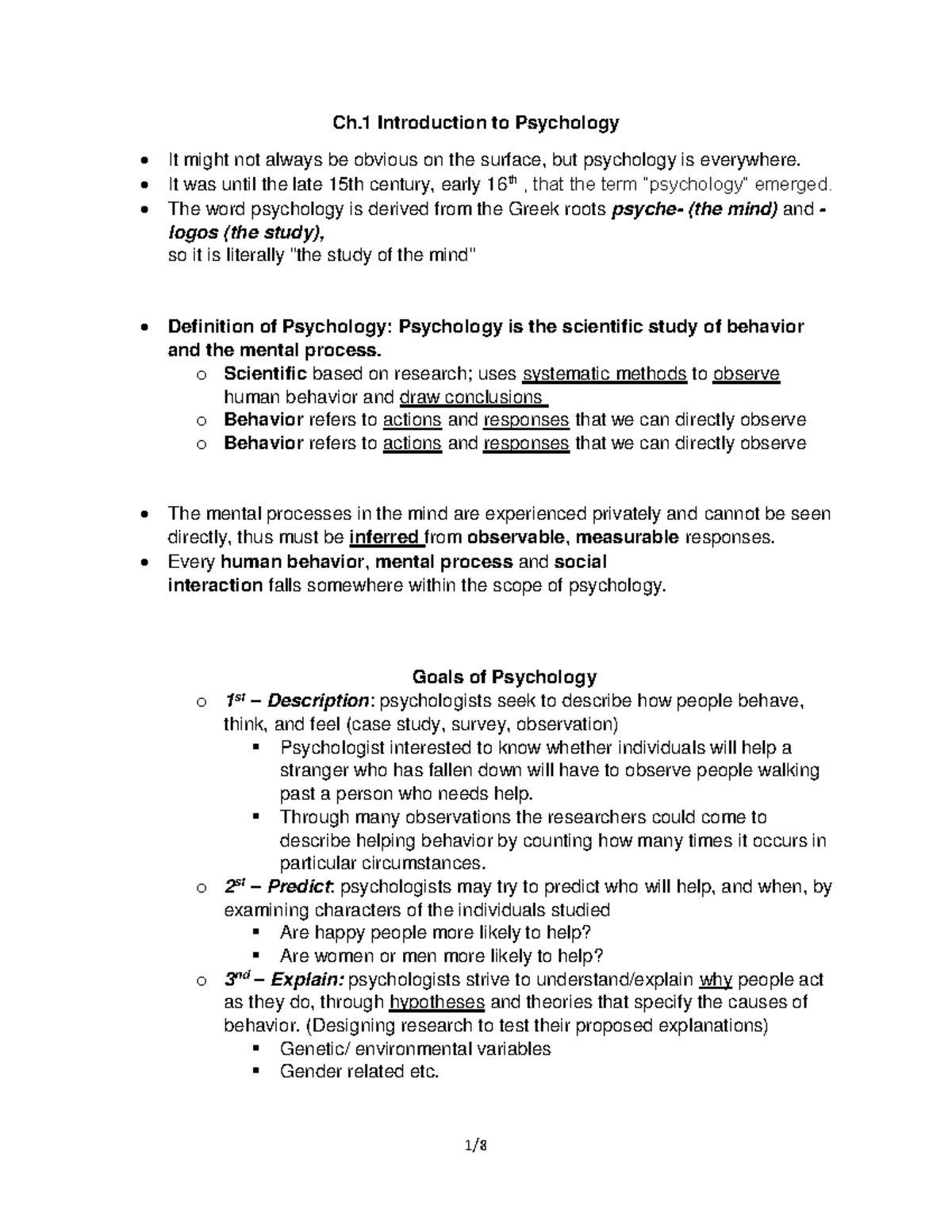 1. Introduction to psychology- Notes - Ch Introduction to Psychology It ...