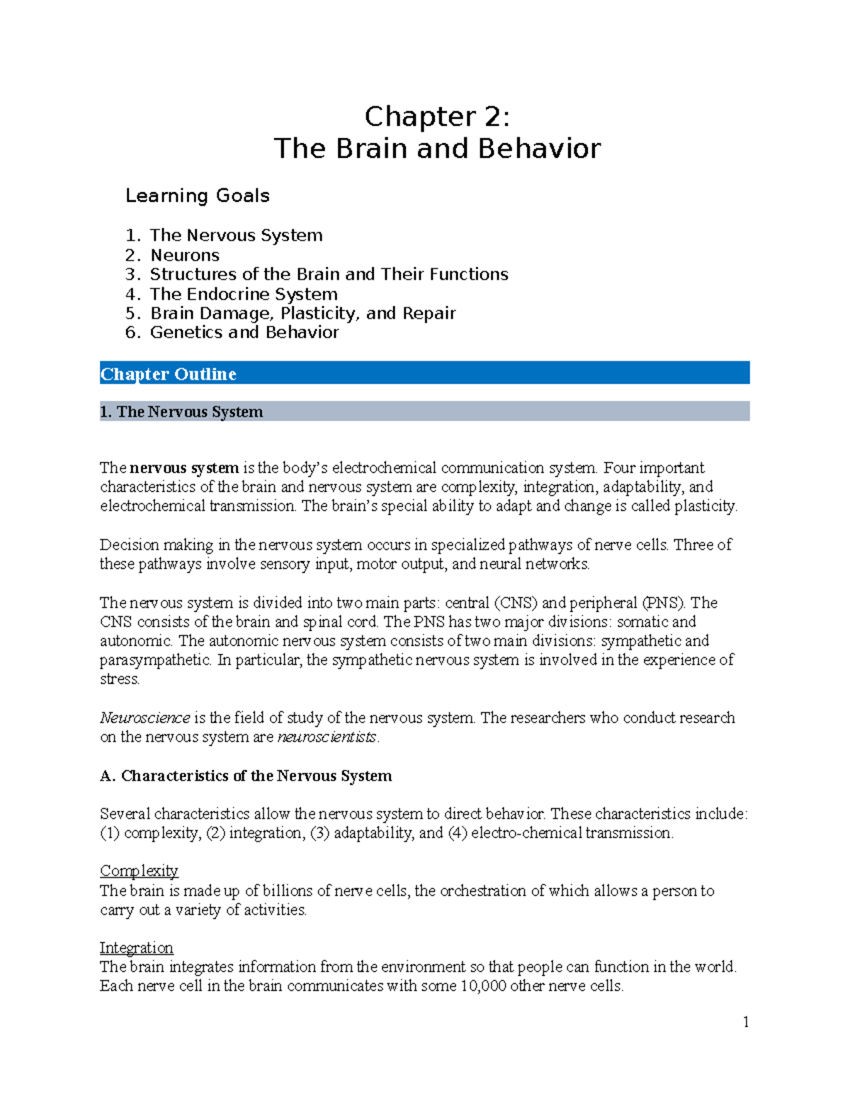 Chapter 2 Handout psychology mold 1 - Chapter 2: The Brain and Behavior ...