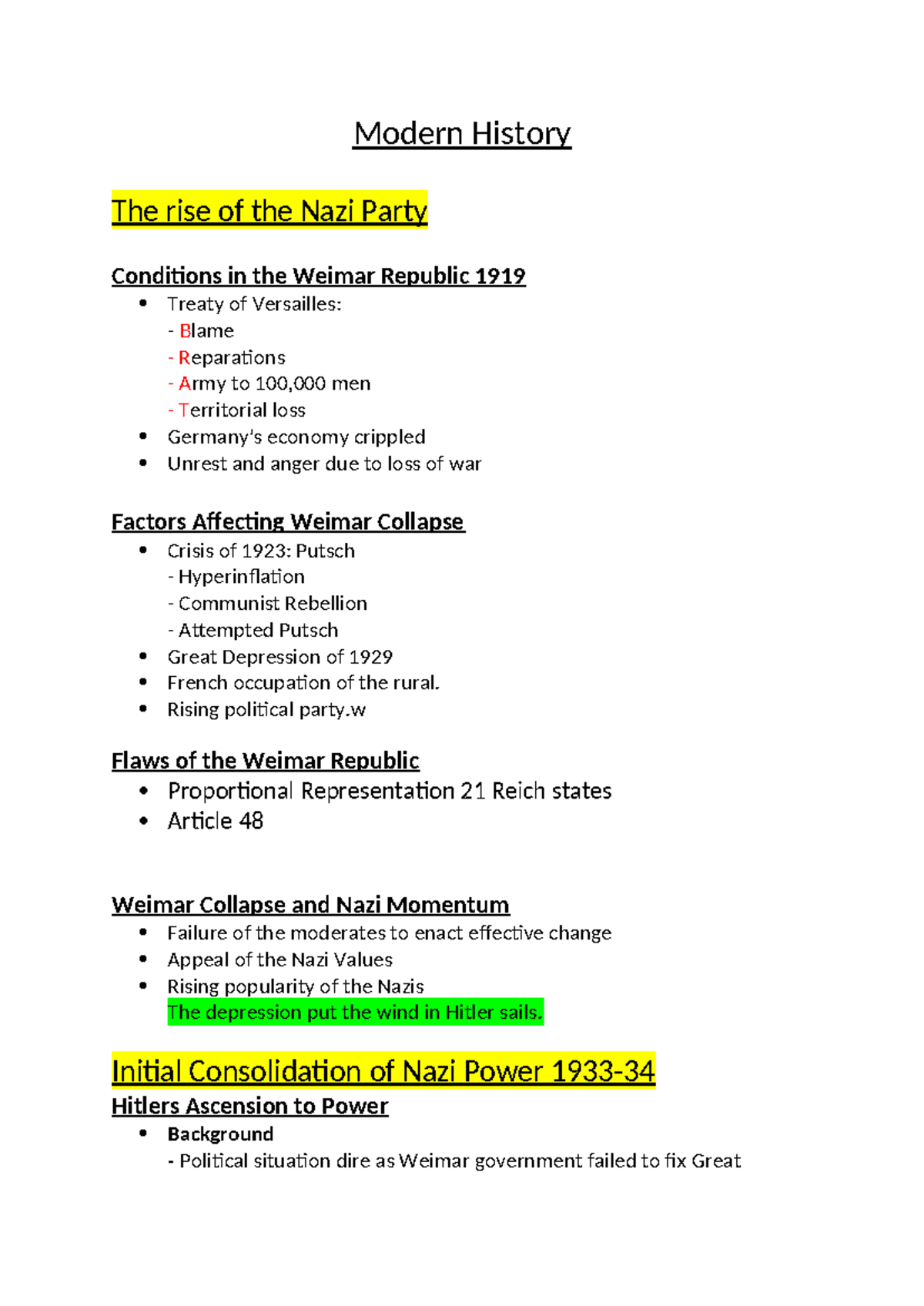 NAZI Regime - Band 6 notes - Modern History The rise of the Nazi Party ...