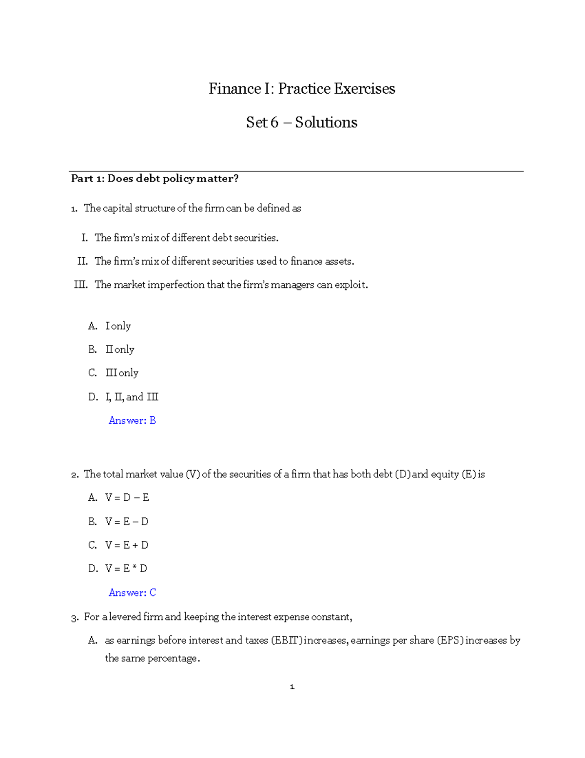 6 - Ejercicios de Finance - Finance I: Practice Exercises Set 6 ...
