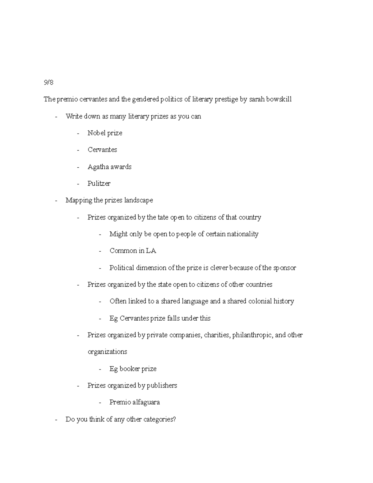 Sarah Bowskill Guest Lecture Slide Notes - 9/ The premio cervantes and ...