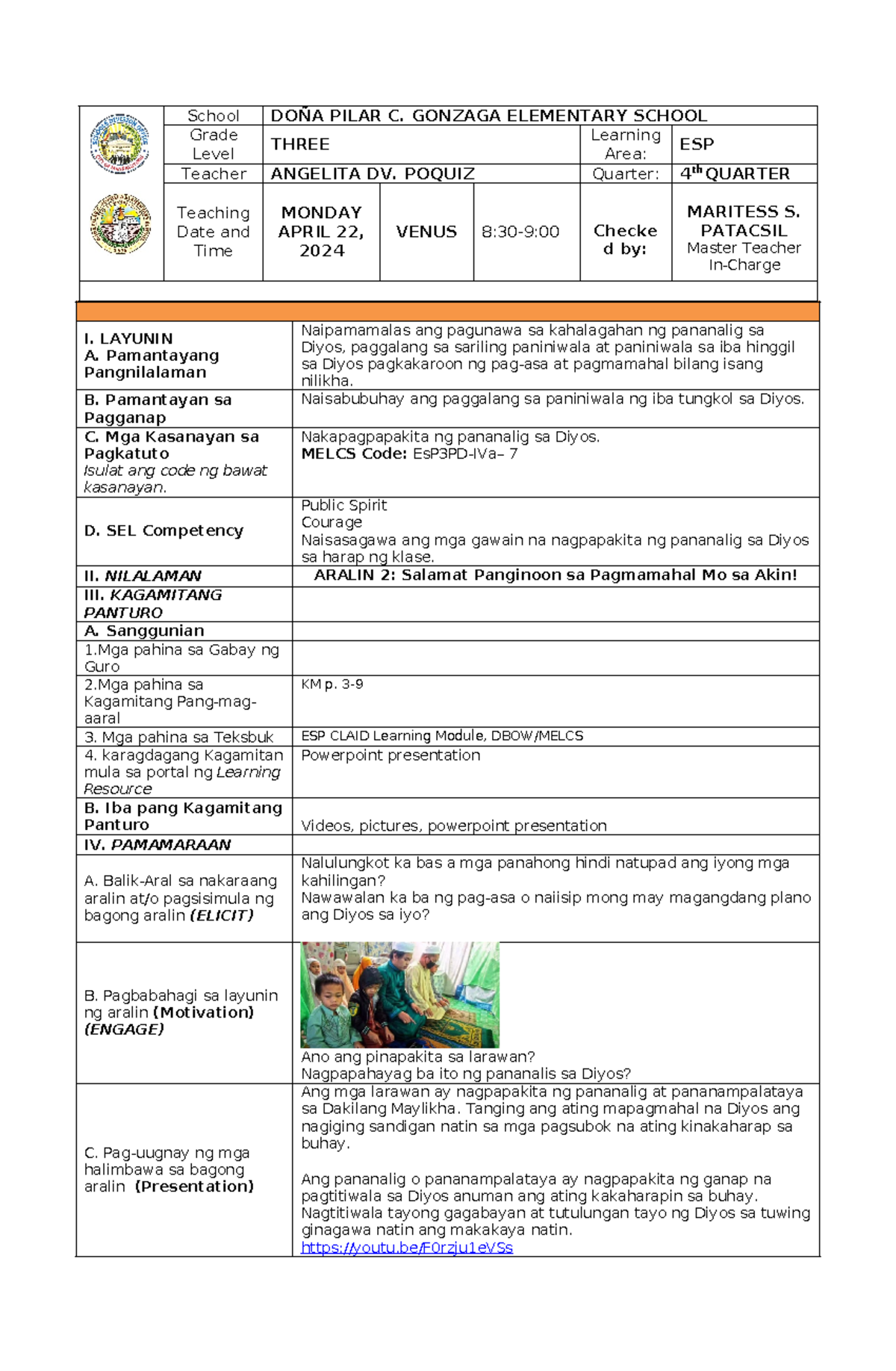 Q4 ESP WEEK 2 DAY 1 - Lesson plan - School DOÑA PILAR C. GONZAGA ...