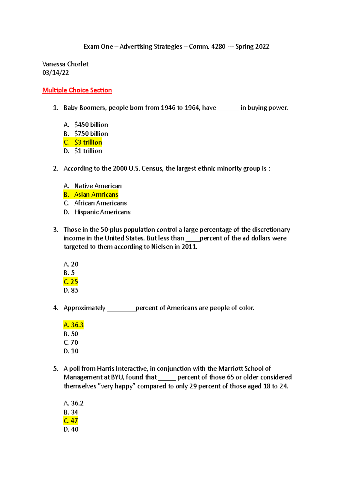 Exam One - study guide - Exam One – Advertising Strategies – Comm. 4280 ...